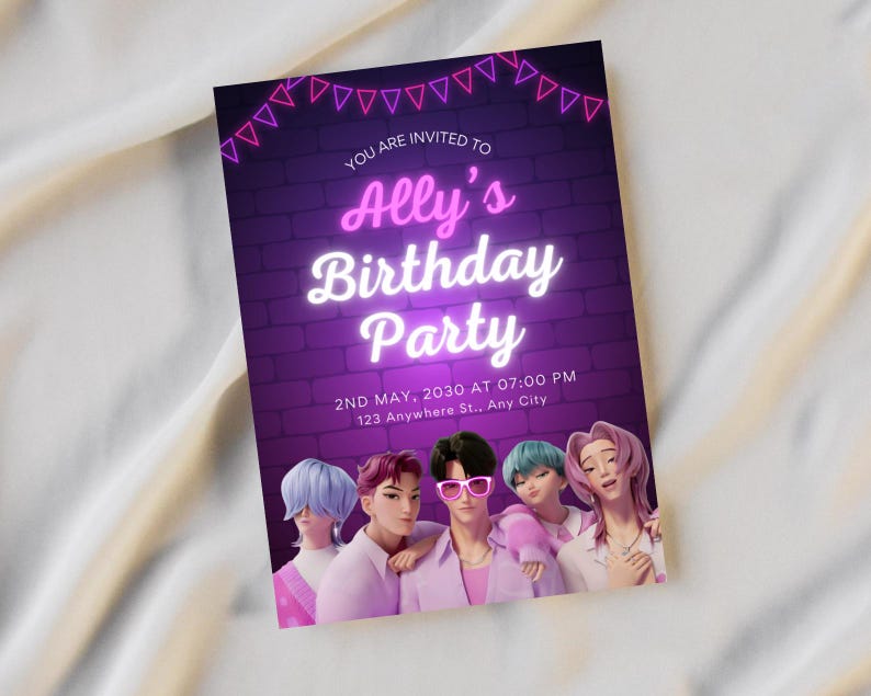 K-pop Demon Hunters Birthday Invitation – Neon Party, Saja Boys (5x7 ...