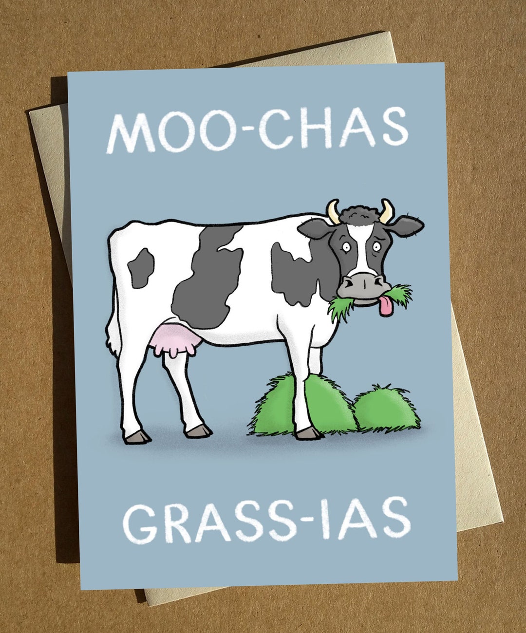 Moo-chas Grass-ias Thank You Card A6 - Funny Cow Pun Greeting Card - Etsy