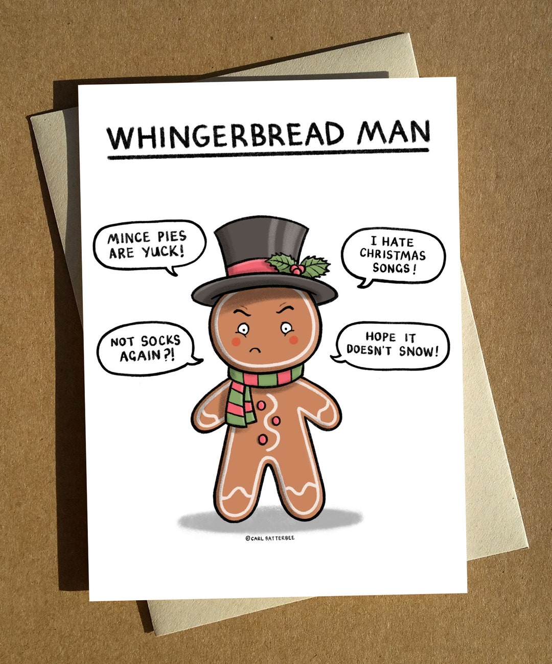Gingerbread Man Pun Christmas Card A6 - Funny Cartoon Grinch Humbug ...