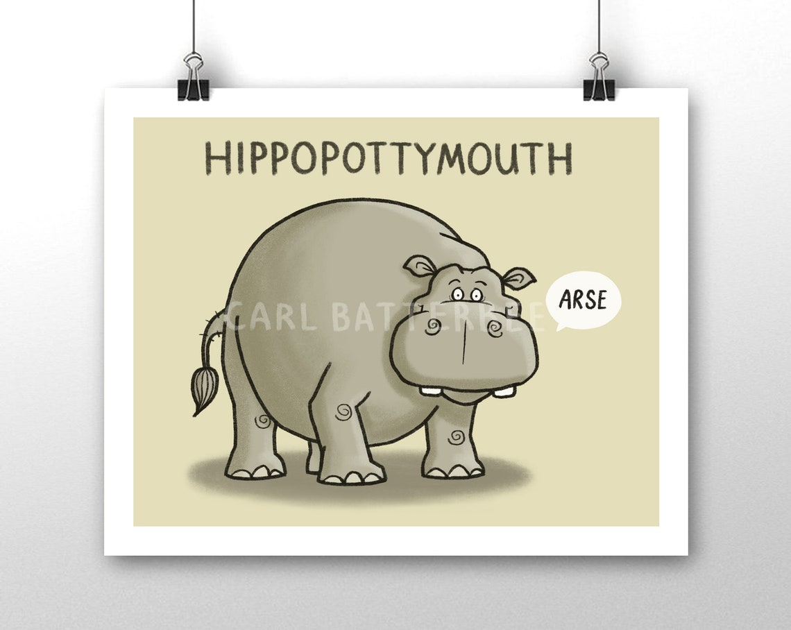 Hippo-potty-mouth Art Print - Funny Cartoon Animal Illustration - Etsy