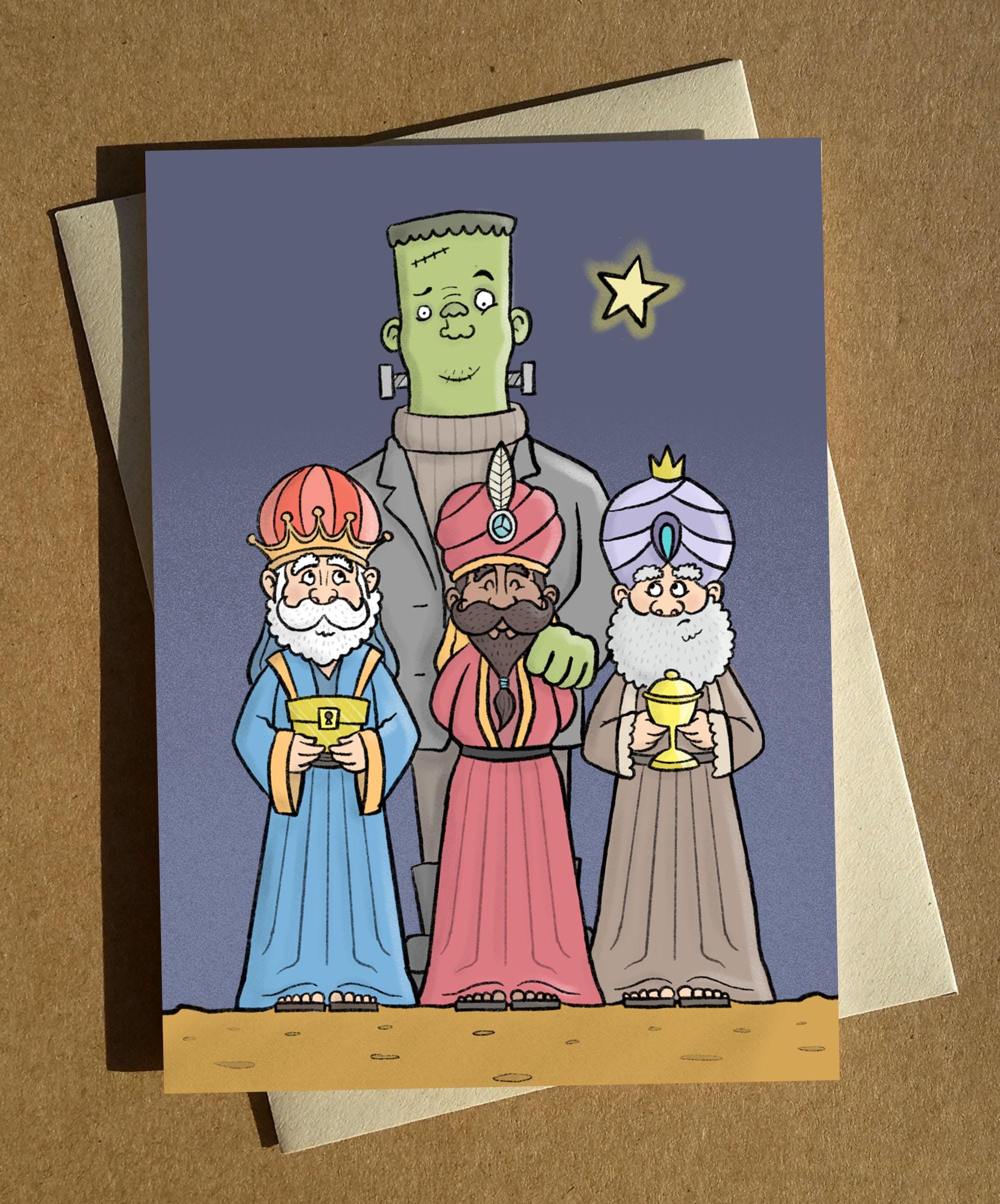 Wise Men Nativity Pun Christmas Card A6 - Gold Frankenstein and Myrrh ...