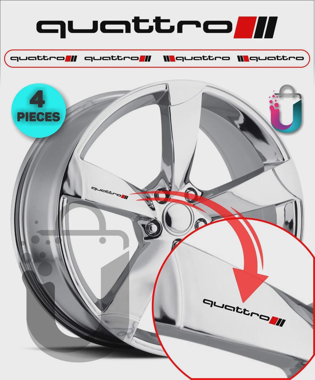 4x Audi Quattro Alloy Wheel Stickers – 100mm Rim Decals for Car Styling ...