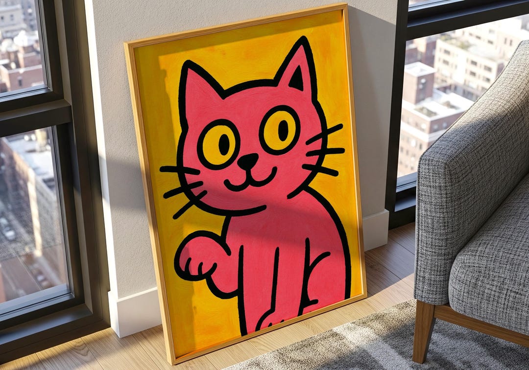Smiling Pink Cat Art Print, Mid-century Modern Funny Cat Poster - Etsy