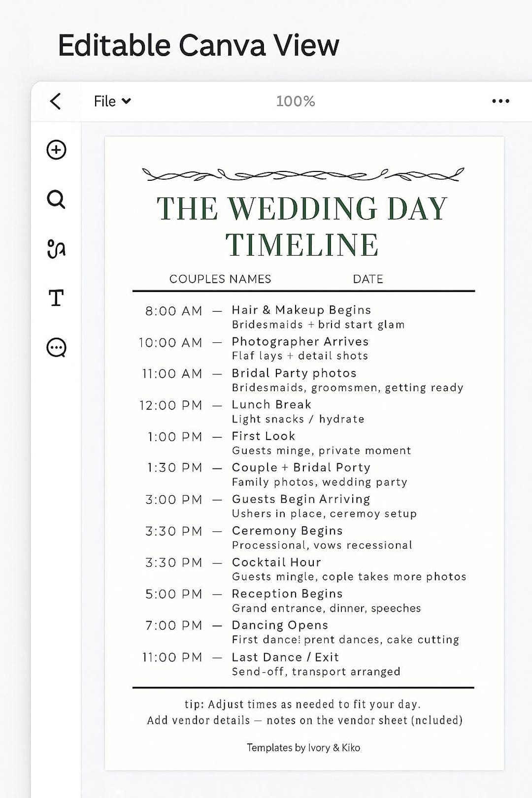Olive Branch Rehearsal Dinner Timeline (canva Template) TIMELINE ONLY ...
