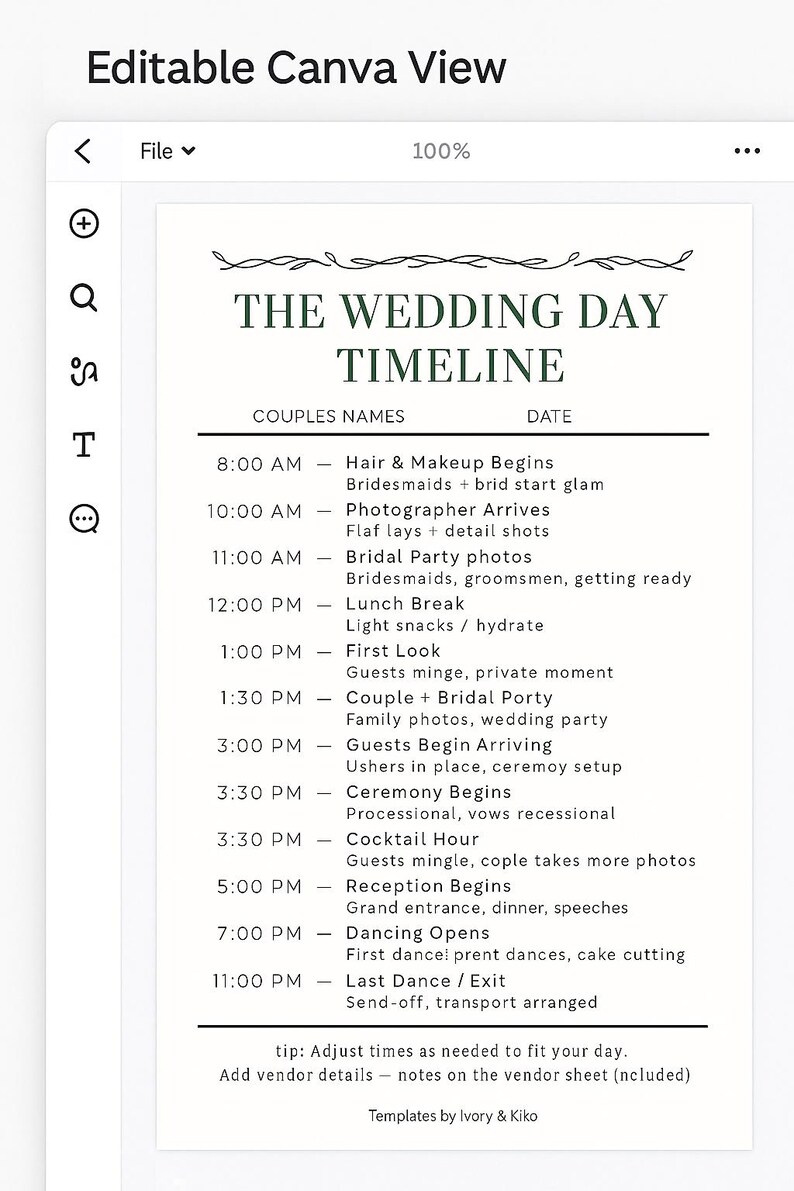 Olive Branch Rehearsal Dinner Timeline (canva Template) TIMELINE ONLY ...