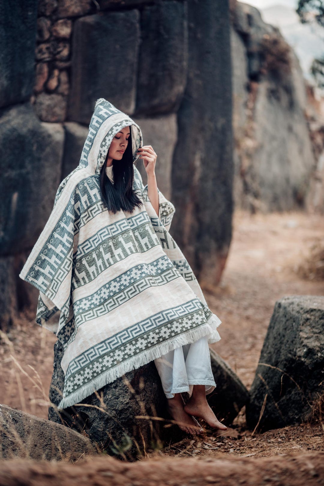Hand Knitted Alpaca Wool Hooded Poncho: Inca Mountain Cape-native ...