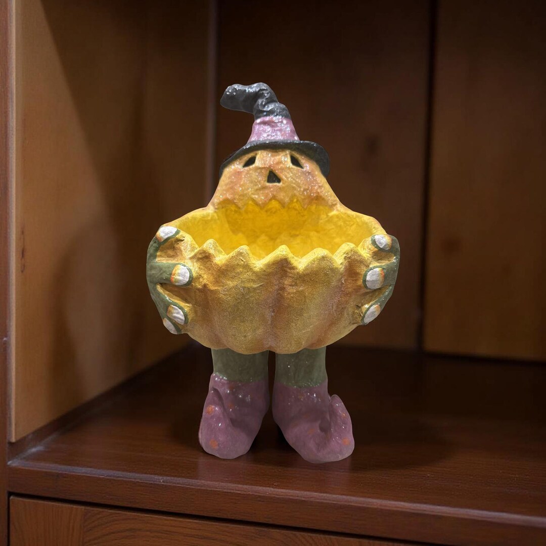 Vintage 1980s Papier-mâché Pumpkin Candy Bowl With Witch Hat – Trick-or ...