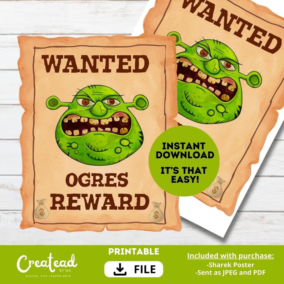 Shrek Wanted Poster | Digital Download, Shrek Party Decorations, Shrek ...