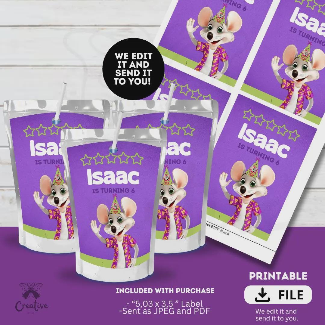 Chuck E Cheese Juice Pouch Labels: Printable Birthday Party Decoration ...