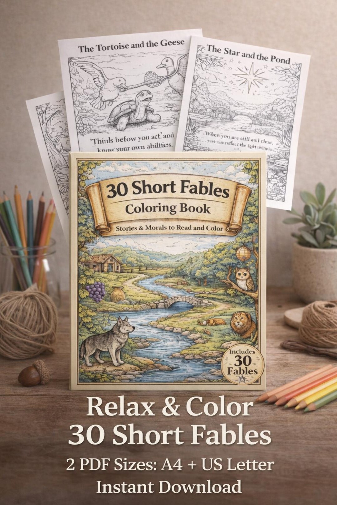 30 Short Fables Coloring Book Relaxing Stories & Morals Instant ...