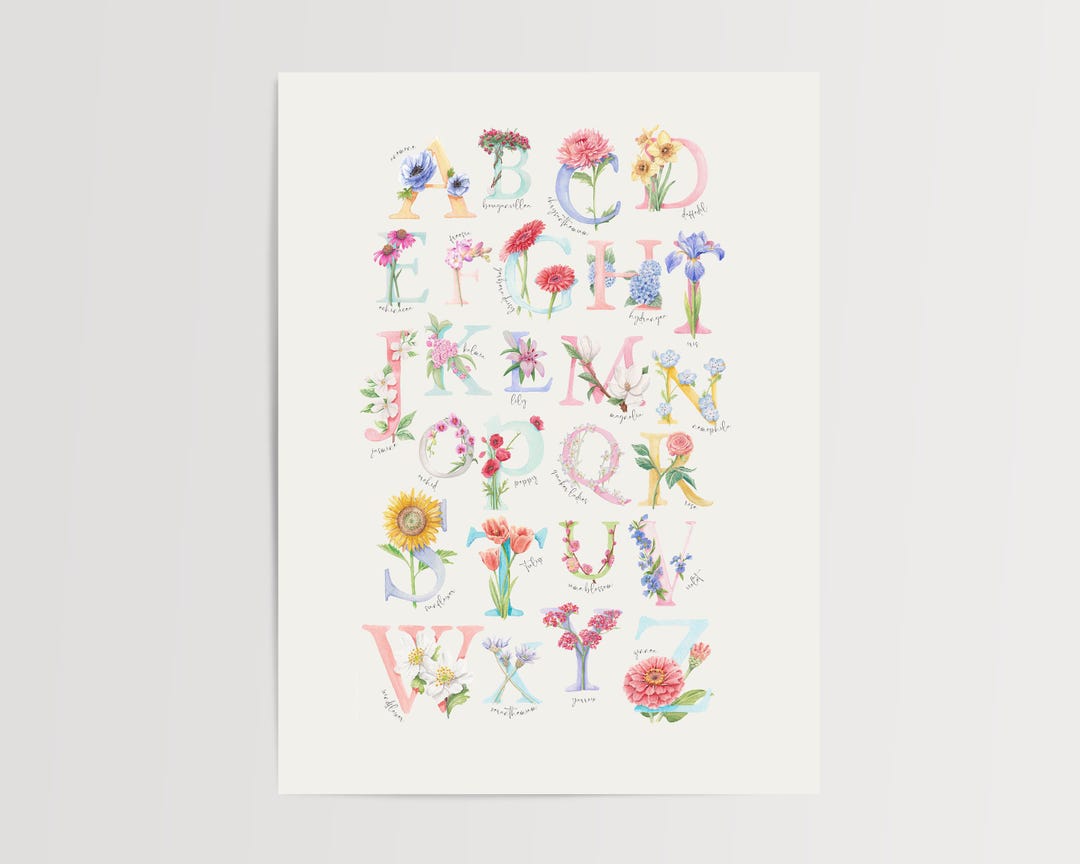 Botanical Watercolor Alphabet Poster Matte Vertical Poster | Nursery ...