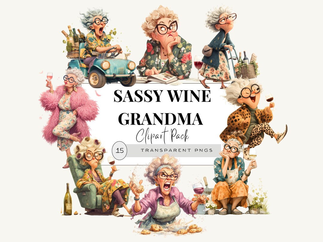Sassy Wine Grandma Clipart | Funny Old Lady PNG Bundle | Quirky Senior ...
