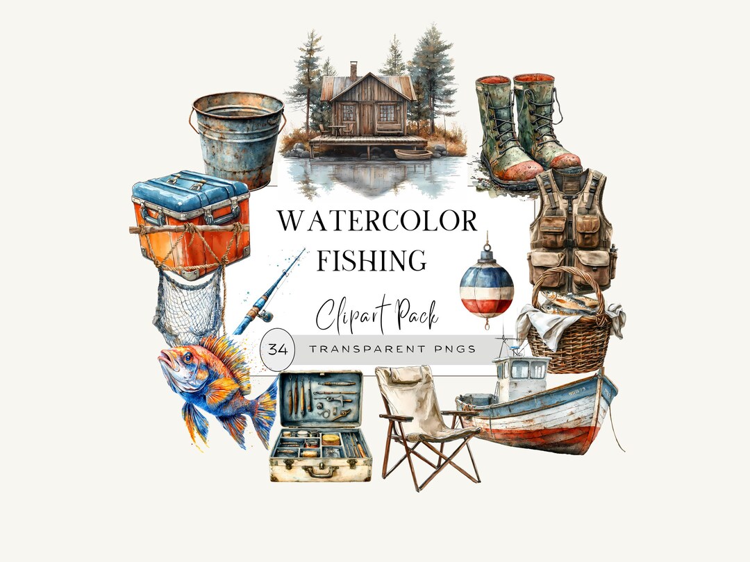 Watercolor Fishing Clipart Bundle, Fishing Rod Clipart, Fishing ...