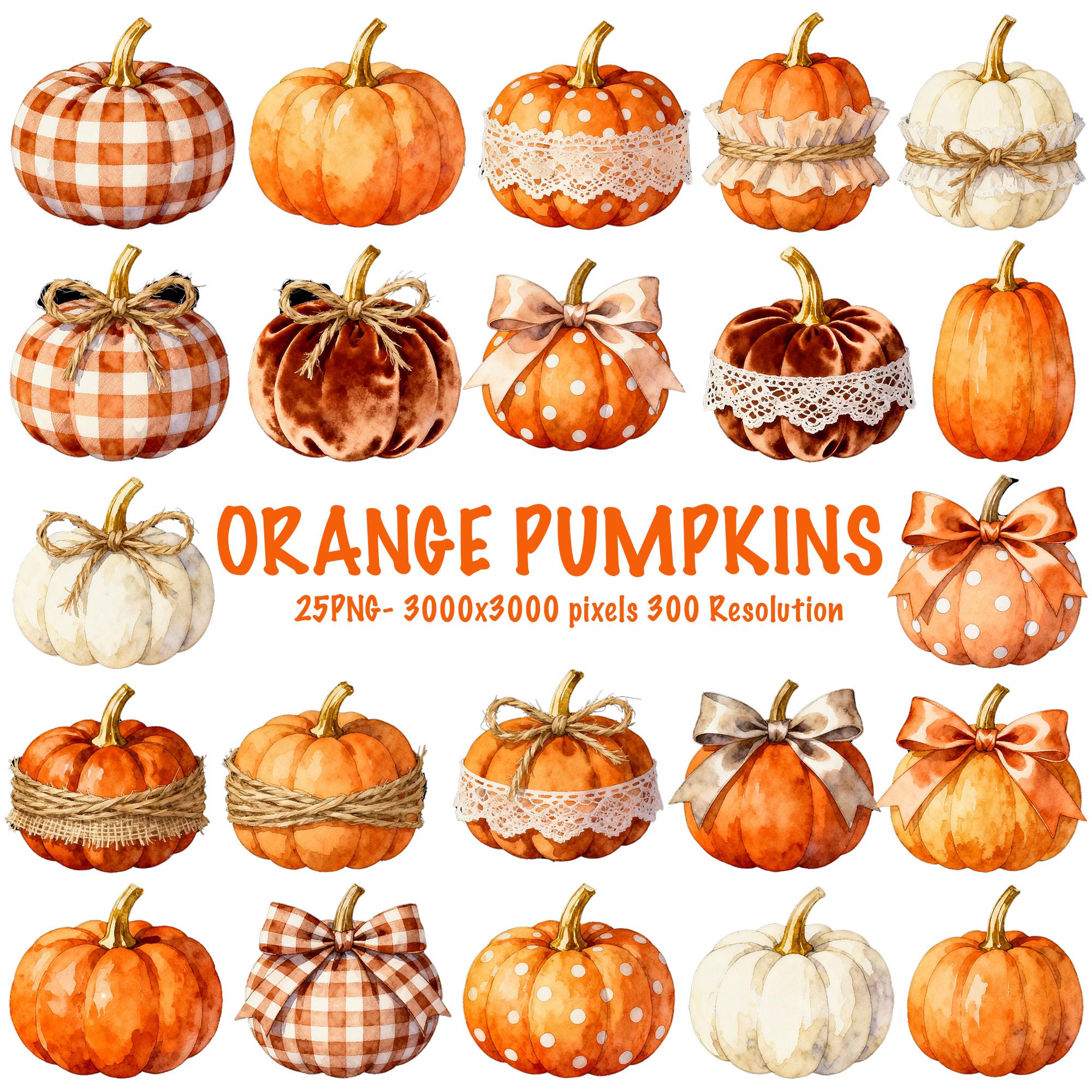 Watercolor Orange Pumpkin Clipart: Rustic Fall PNG Set (digital ...