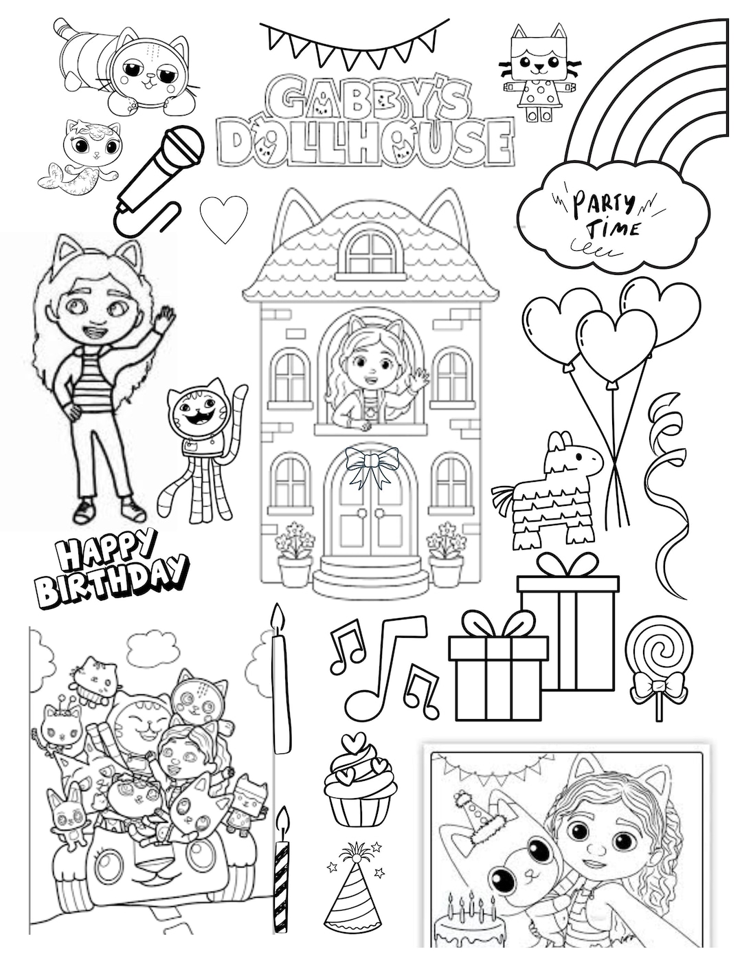 Two Gabbys Dollhouse Coloring Collage Sheets Happy Birthday and ...