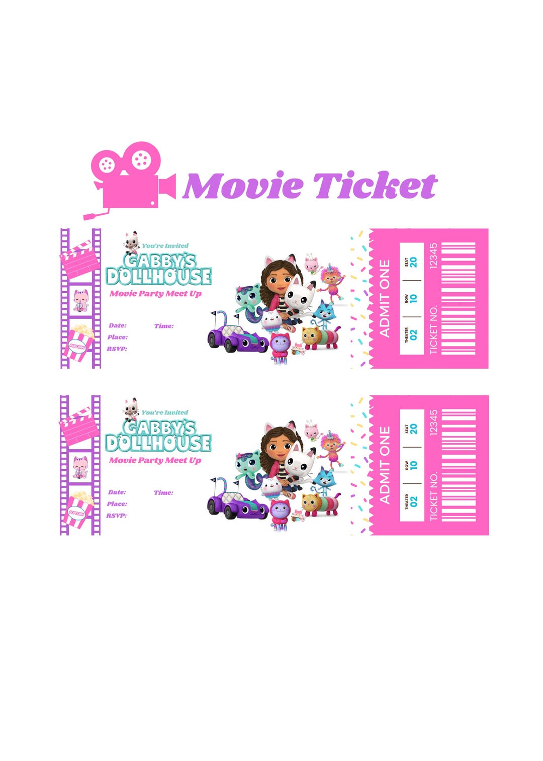 Gabby’s Dollhouse Movie Ticket Invitation Birthday Party Invite Pink ...