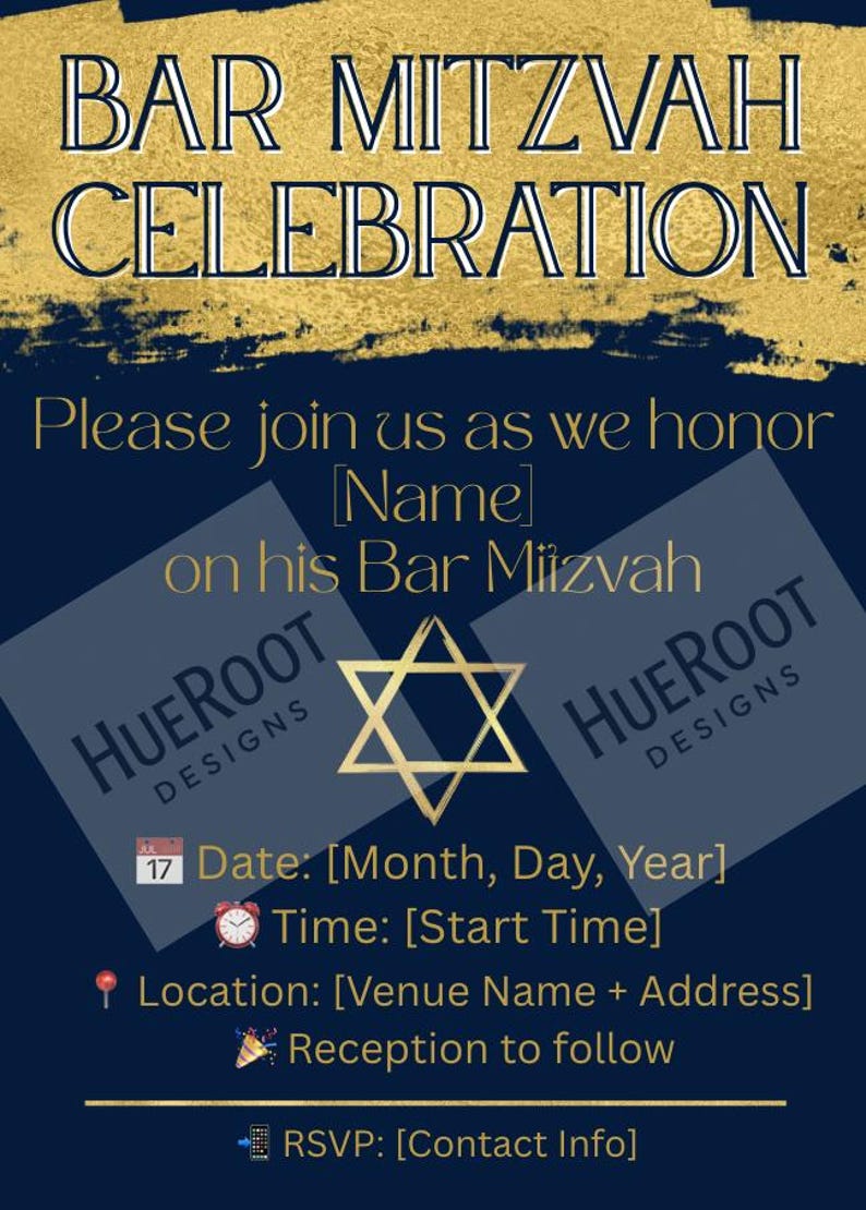 Editable Bar Mitzvah Invitation — Blue & Gold Canva Template - Etsy