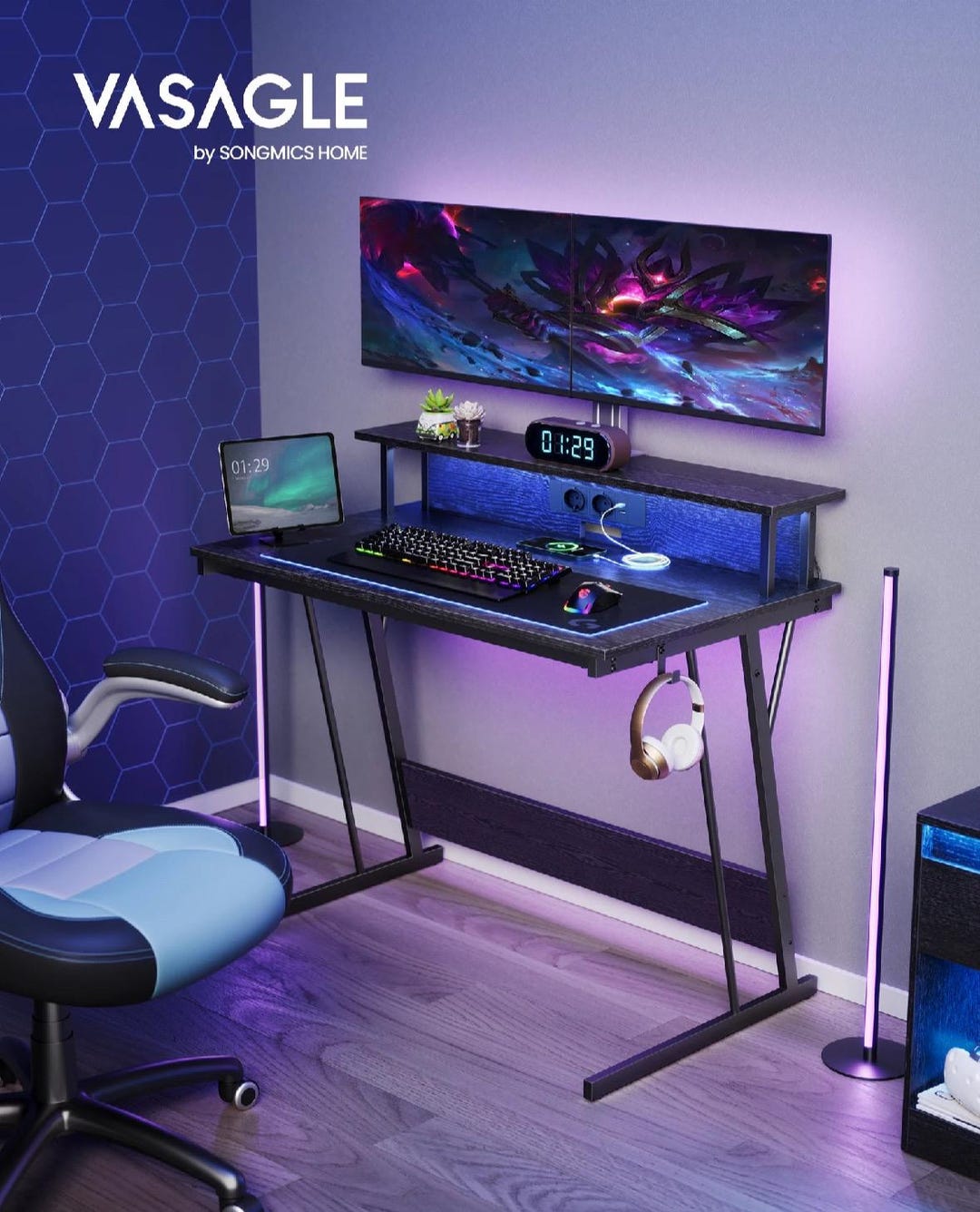LED Gaming Desk With Extension Cord and Monitor Riser – for 2 Computers ...