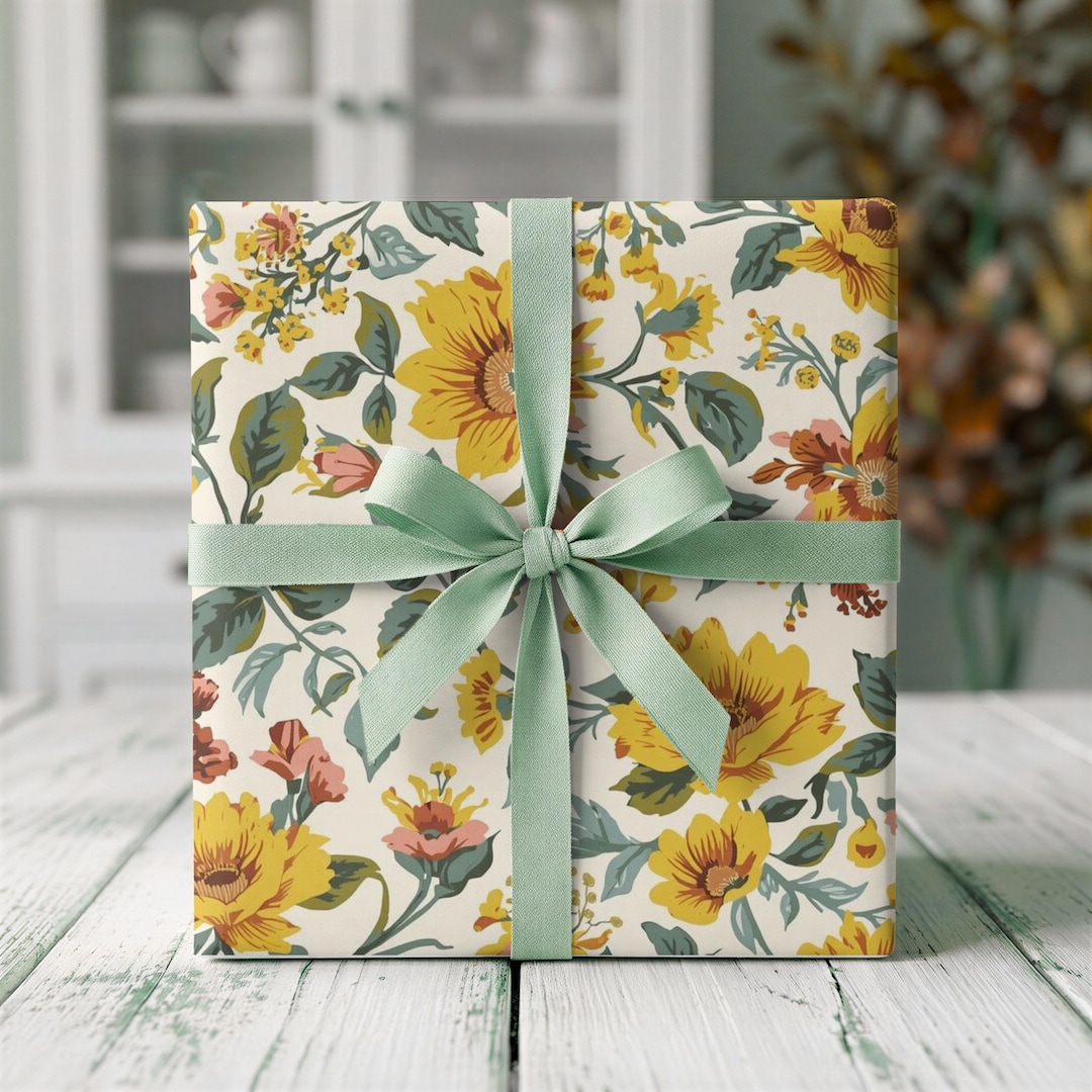 Vintage Yellow Floral Gift Wrap | Retro Botanical Flower Wrapping Paper ...