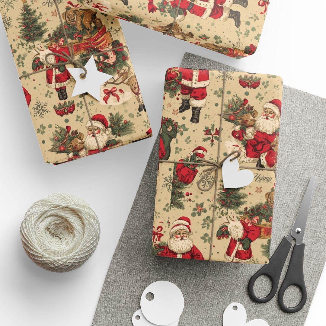 Vintage Christmas Gift Wrap With Santa Claus – Retro Christmas Design ...