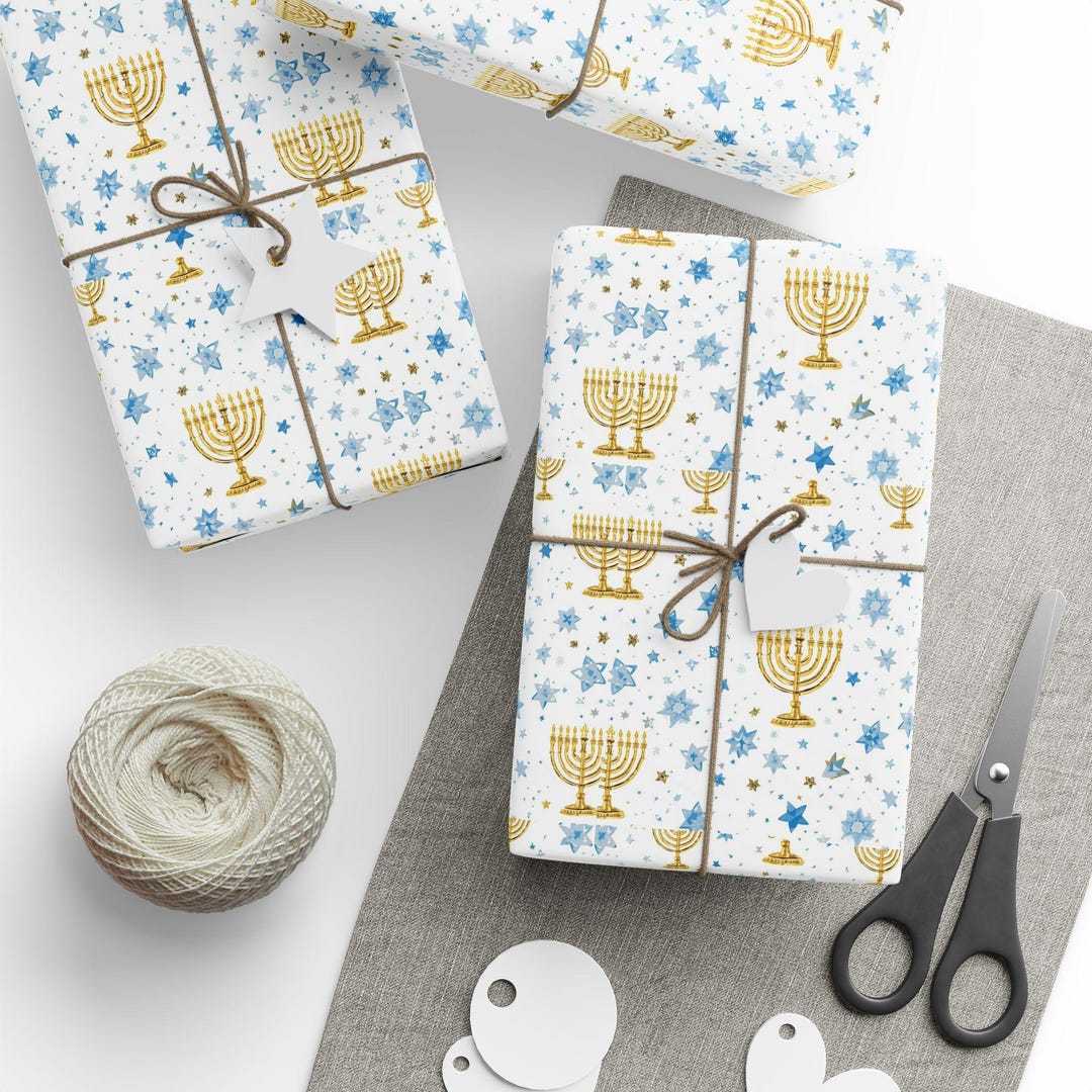 Menorah and Stars Wrapping Papers Hanukkah Wrapping Paper With Gold ...
