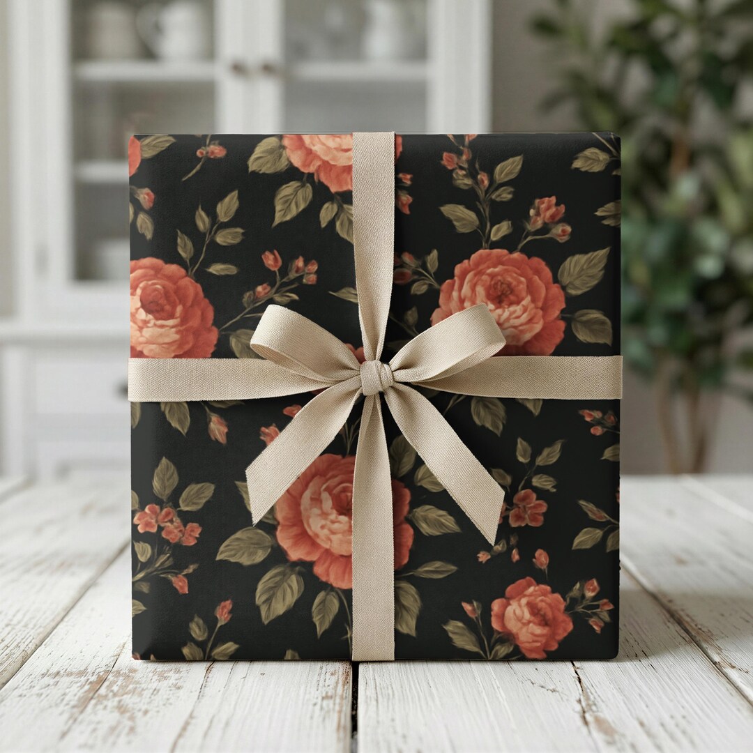 Vintage Floral Gift Wrap Classic Roses on Black Background Elegant ...
