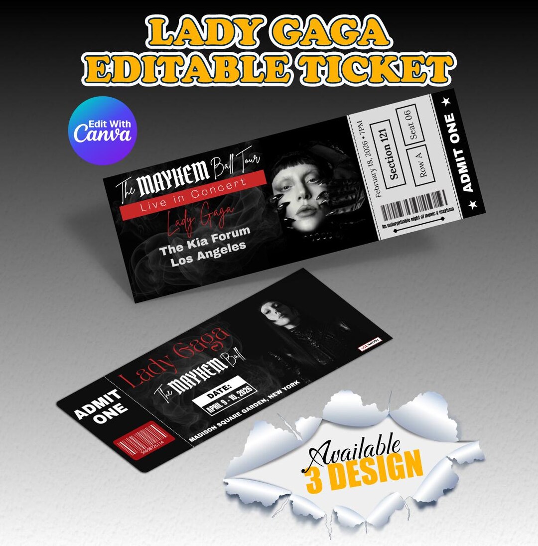 Editable Lady Gaga Concert Ticket, Personalized Surprise Ticket, Mayhem ...
