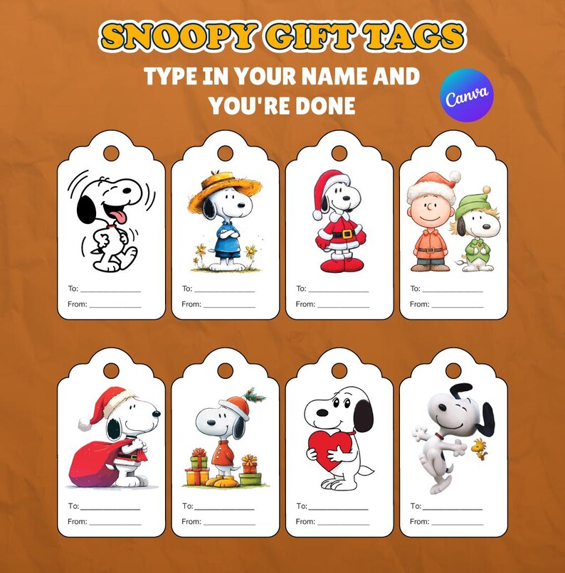 Snoopy Christmas Gift Tags, Peanuts Holiday Labels Editable Canva ...