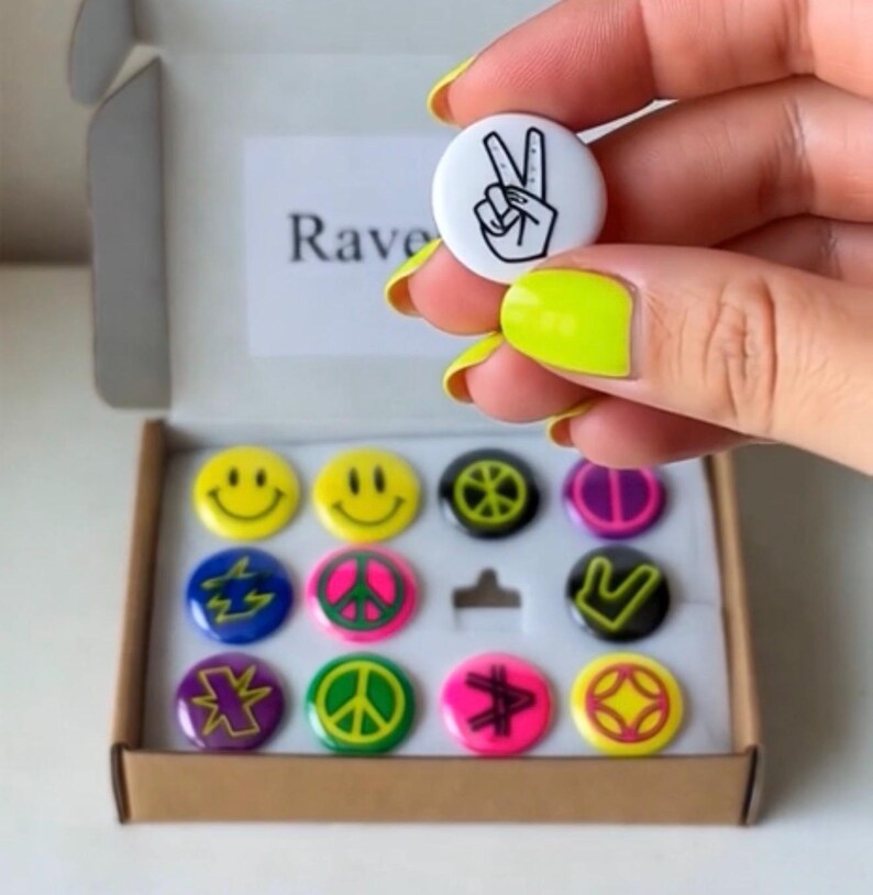 Raver Pins Gift Box · Neon Smiley & Peace Badges · Techno Rave Festival ...