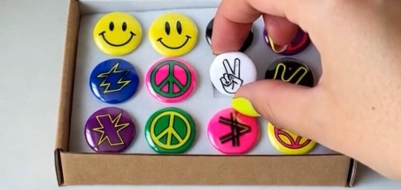 Raver Pins Gift Box · Neon Smiley & Peace Badges · Techno Rave Festival ...