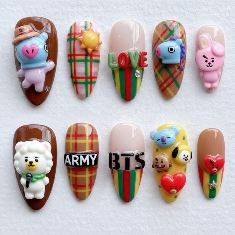 BT21 BTS Press on Nails / 3D Cartoon Kpop Nails / Handmade Cute Nail ...