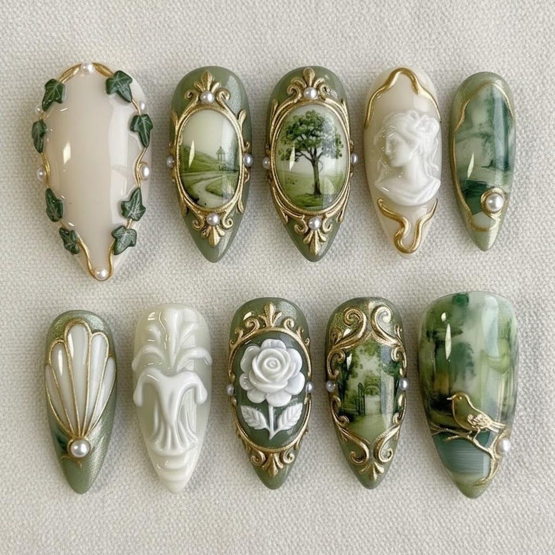 Vintage Baroque Press on Nails Green | 3D Cameo Art Nails | Handmade ...