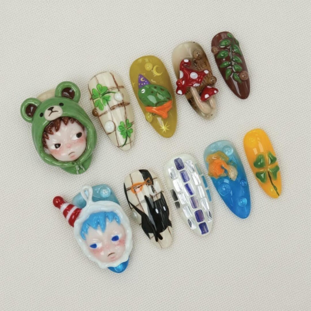 Cute 3D Character Press on Nails | Handmade Kawaii Nail Art | Forest ...
