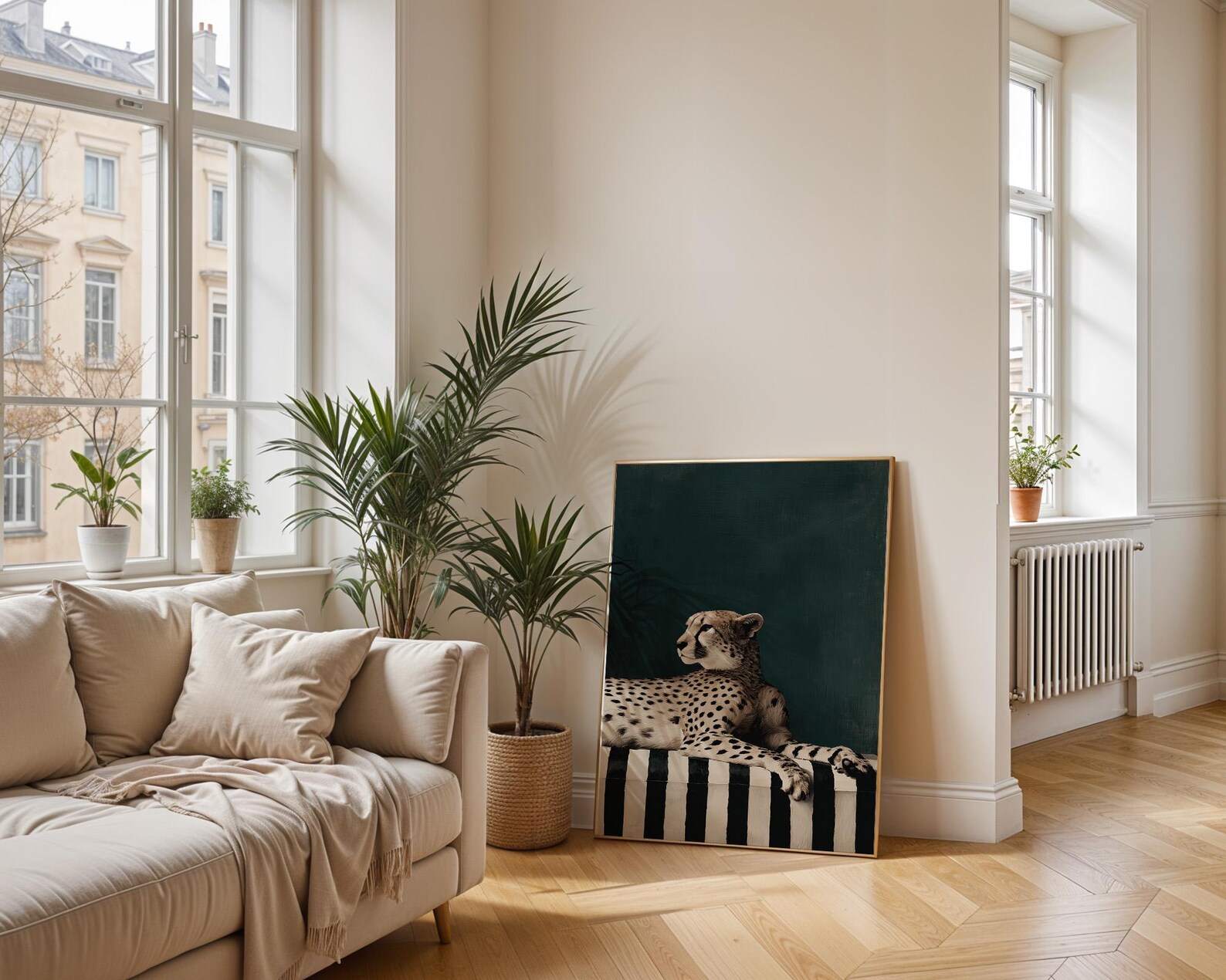 Cheetah on Stripe Couch | Emerald Green Statement Luxury Fashion Print ...