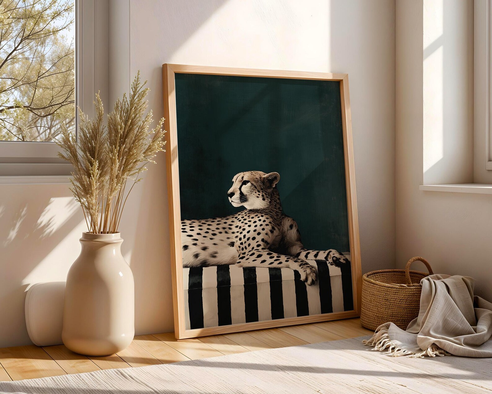 Cheetah on Stripe Couch | Emerald Green Statement Luxury Fashion Print ...