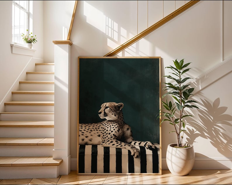 Cheetah on Stripe Couch | Emerald Green Statement Luxury Fashion Print ...