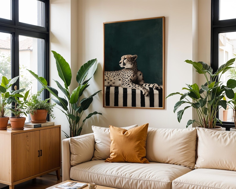 Cheetah on Stripe Couch | Emerald Green Statement Luxury Fashion Print ...