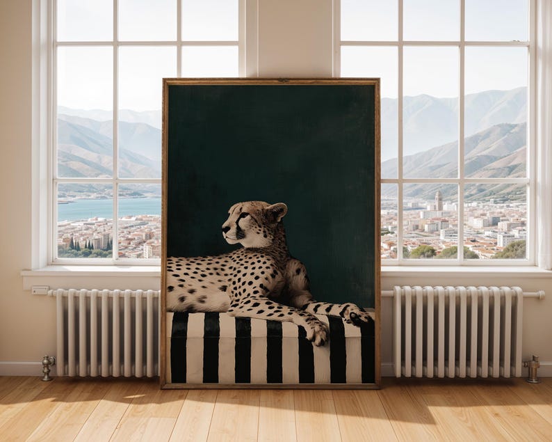 Cheetah on Stripe Couch | Emerald Green Statement Luxury Fashion Print ...