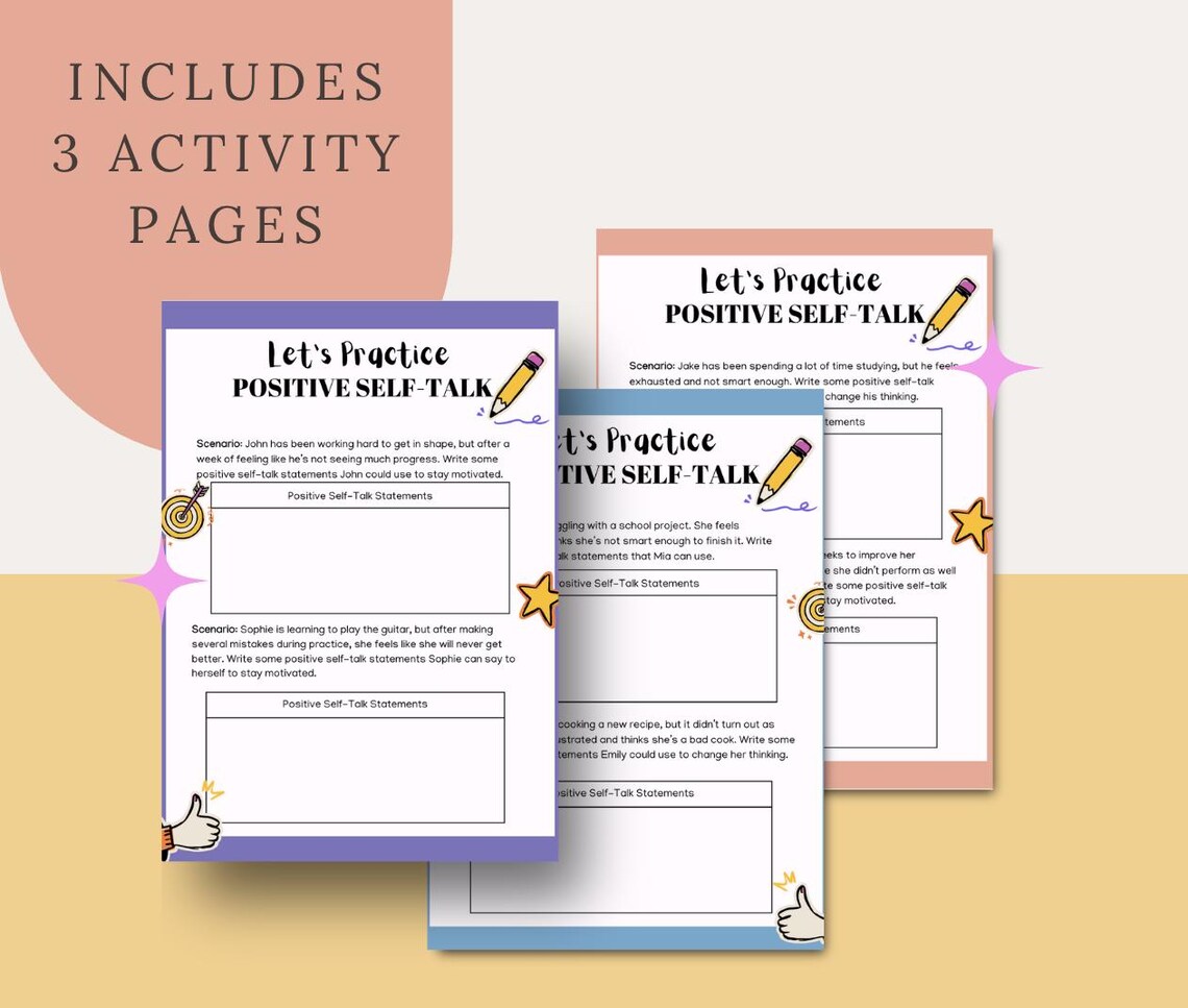 Positive Self-talk Worksheet Packet for Kids & Teens | Counseling ...