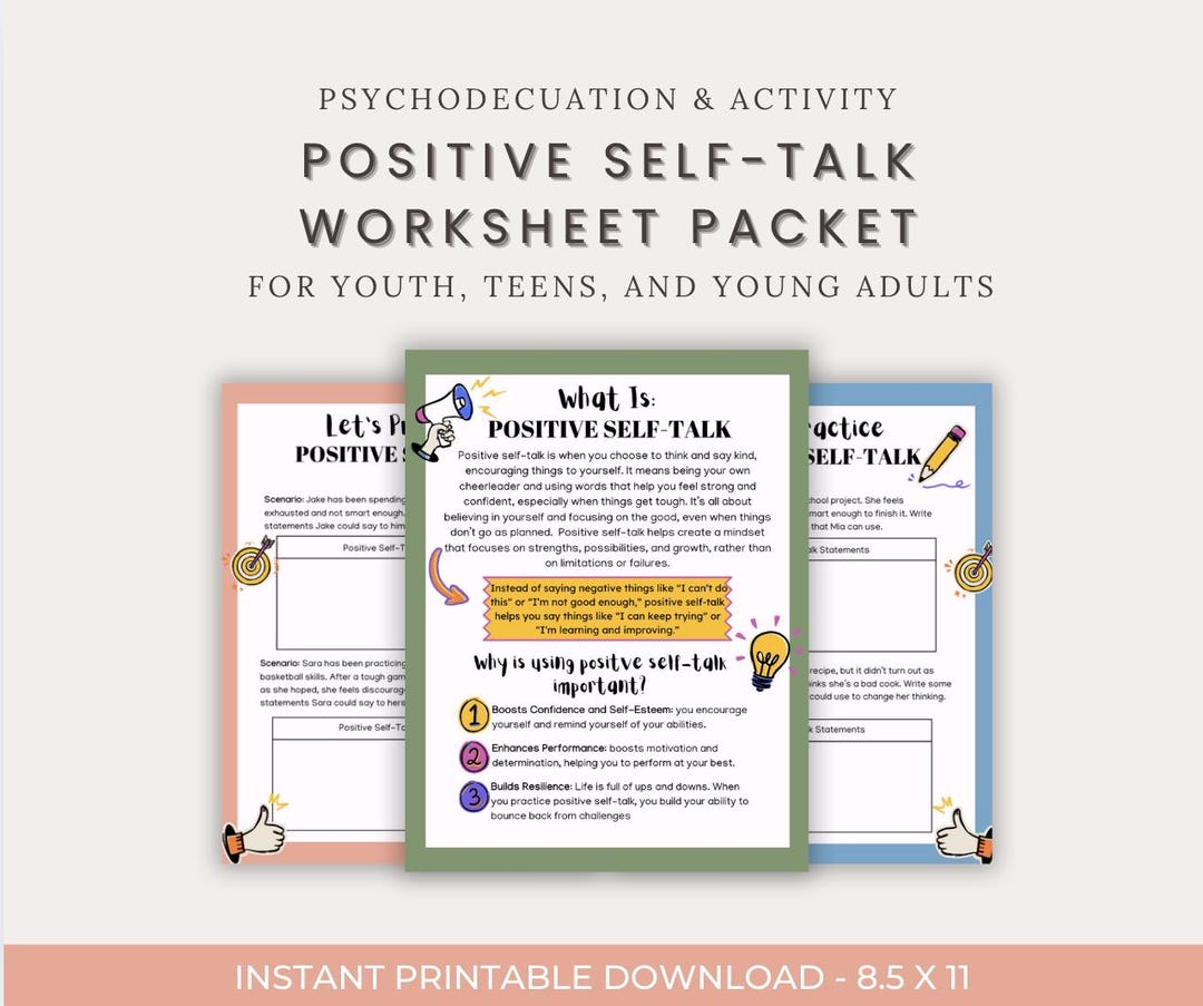 Positive Self-talk Worksheet Packet for Kids & Teens | Counseling ...