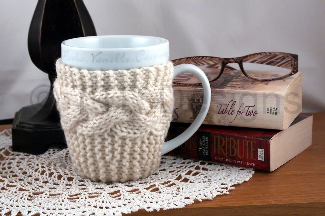 Knitting Pattern Cabled Mug Cozy and Coaster Cozy Fiber Art - Etsy