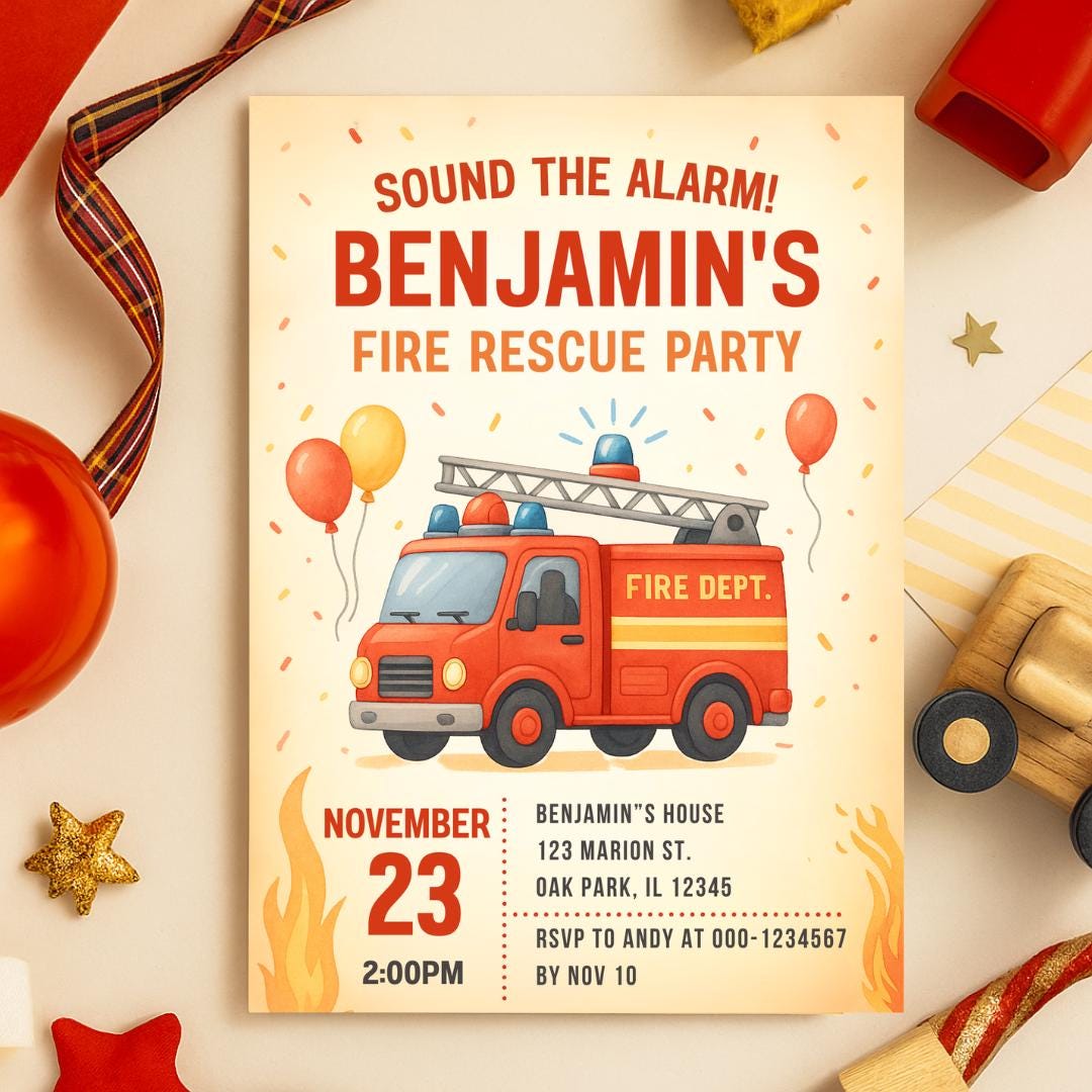 Editable Fire Truck Birthday Invitation Template, Firefighter Party ...