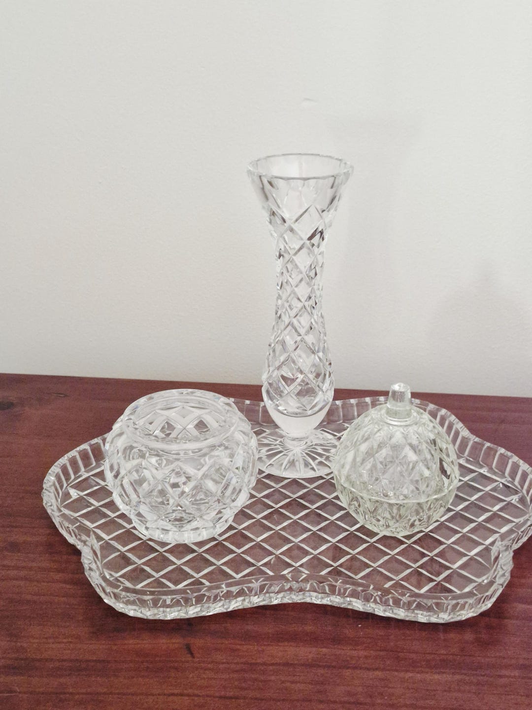 Vintage 4 Piece Crystal Dressing Table Vanity Set: Tall Bud Vase, Bowl ...