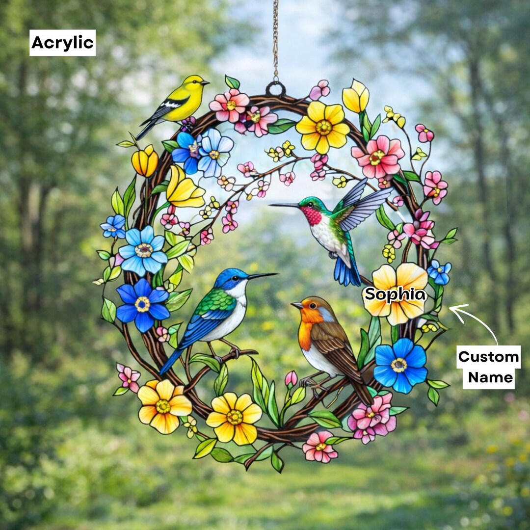 Custom Name Spring Bird Acrylic Suncatcher Flower Art Window Decor ...