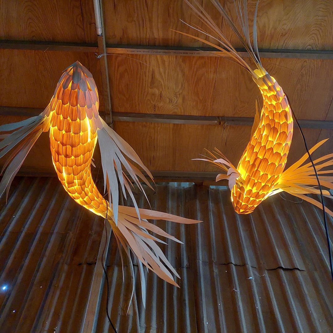 Fish Pendant Light Wood Veneer Fish Hanging Lamp Woven Fish Chandelier ...