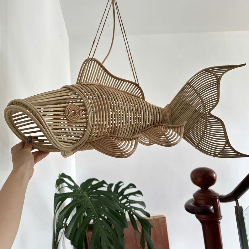 Fish Chandelier Lighting Rattan Pendant Light Fish Hanging Lamp Wicker ...