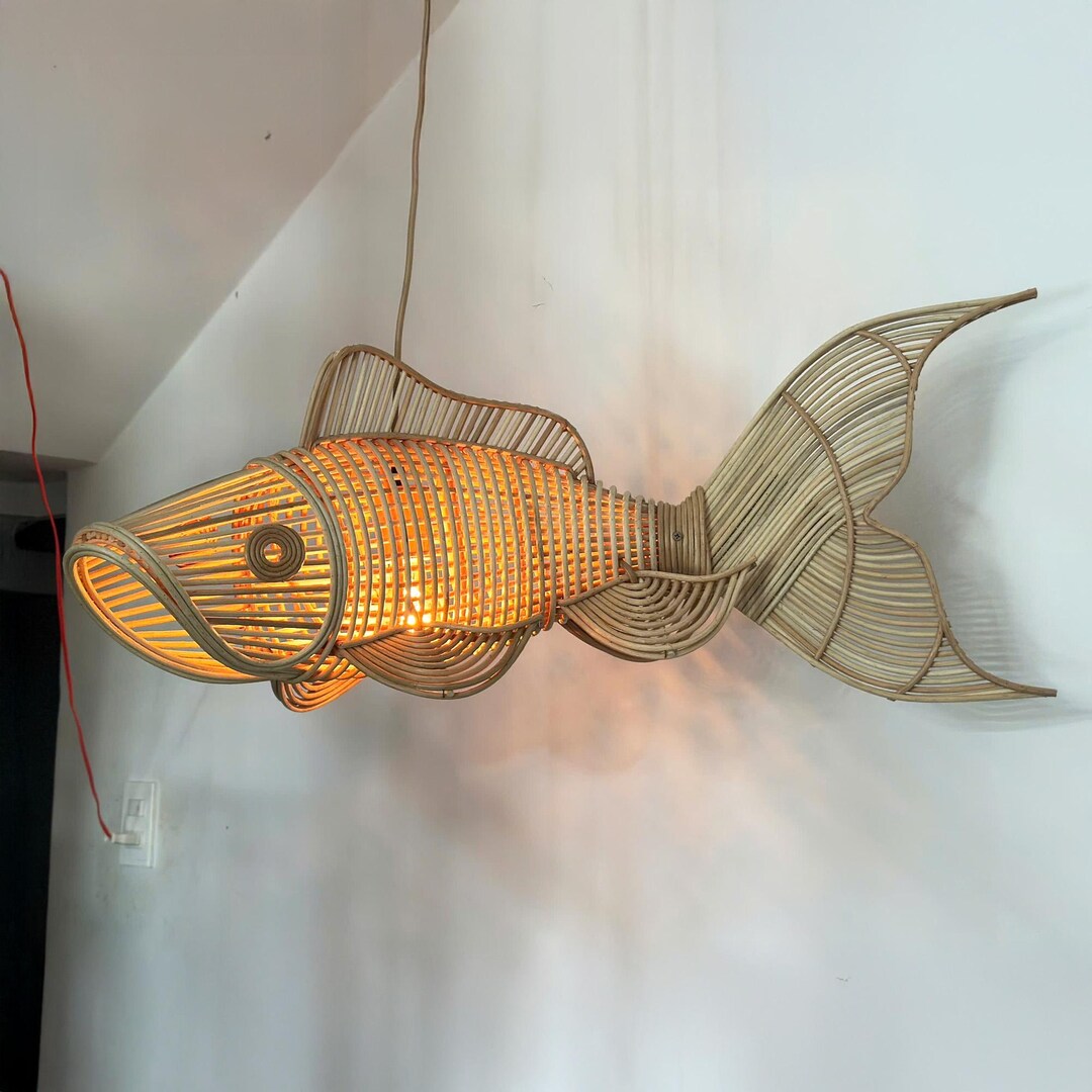 Fish Chandelier Lighting Rattan Pendant Light Fish Hanging Lamp Wicker ...