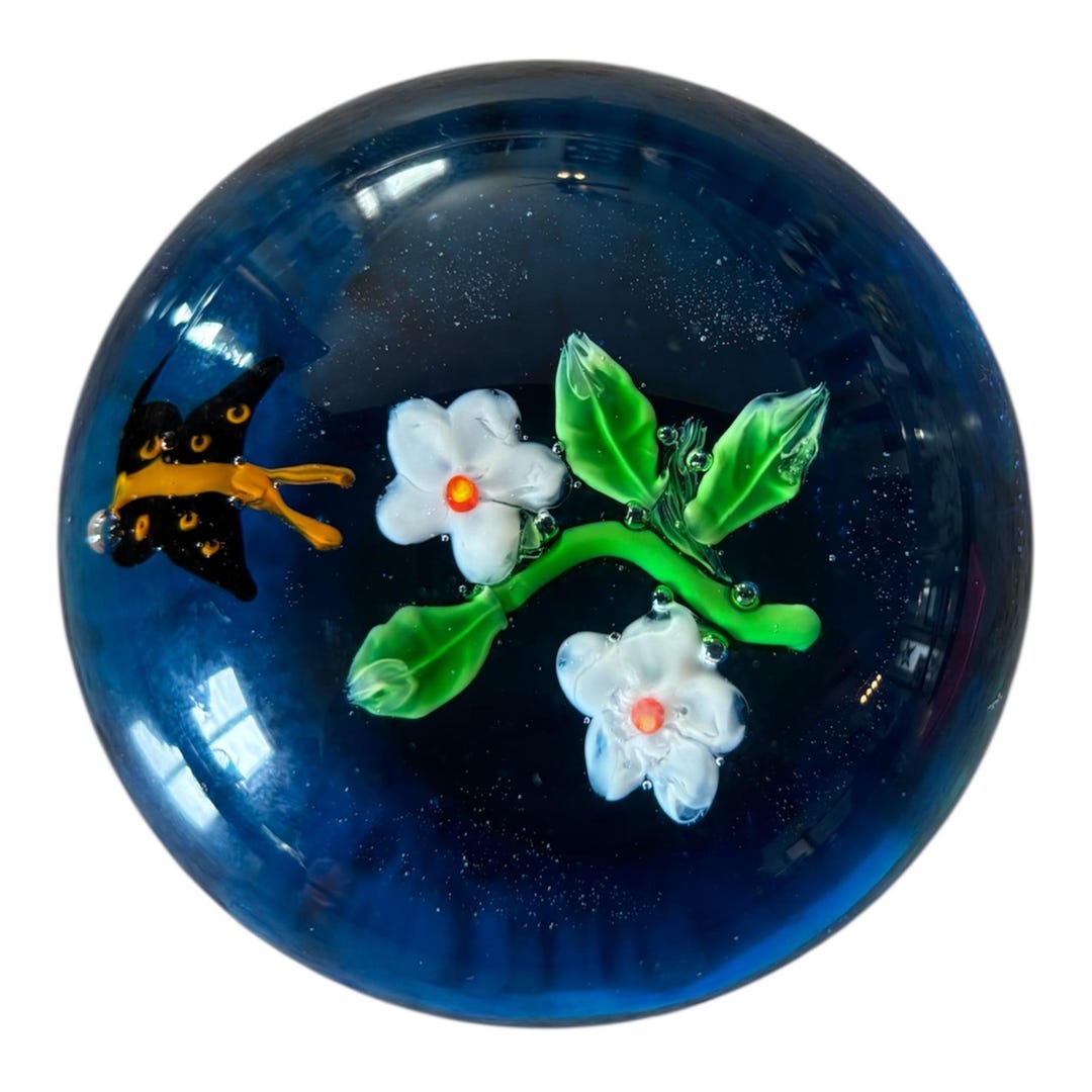Vintage Blue Glass Paperweight – Floral & Butterfly Design – Felt ...