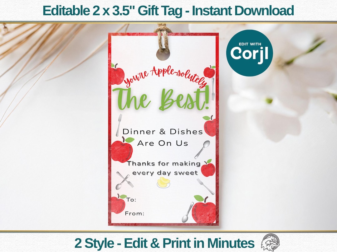 Editable Teacher Dinner and Dishes on Us Gift Tag, Printable Apple Gift ...