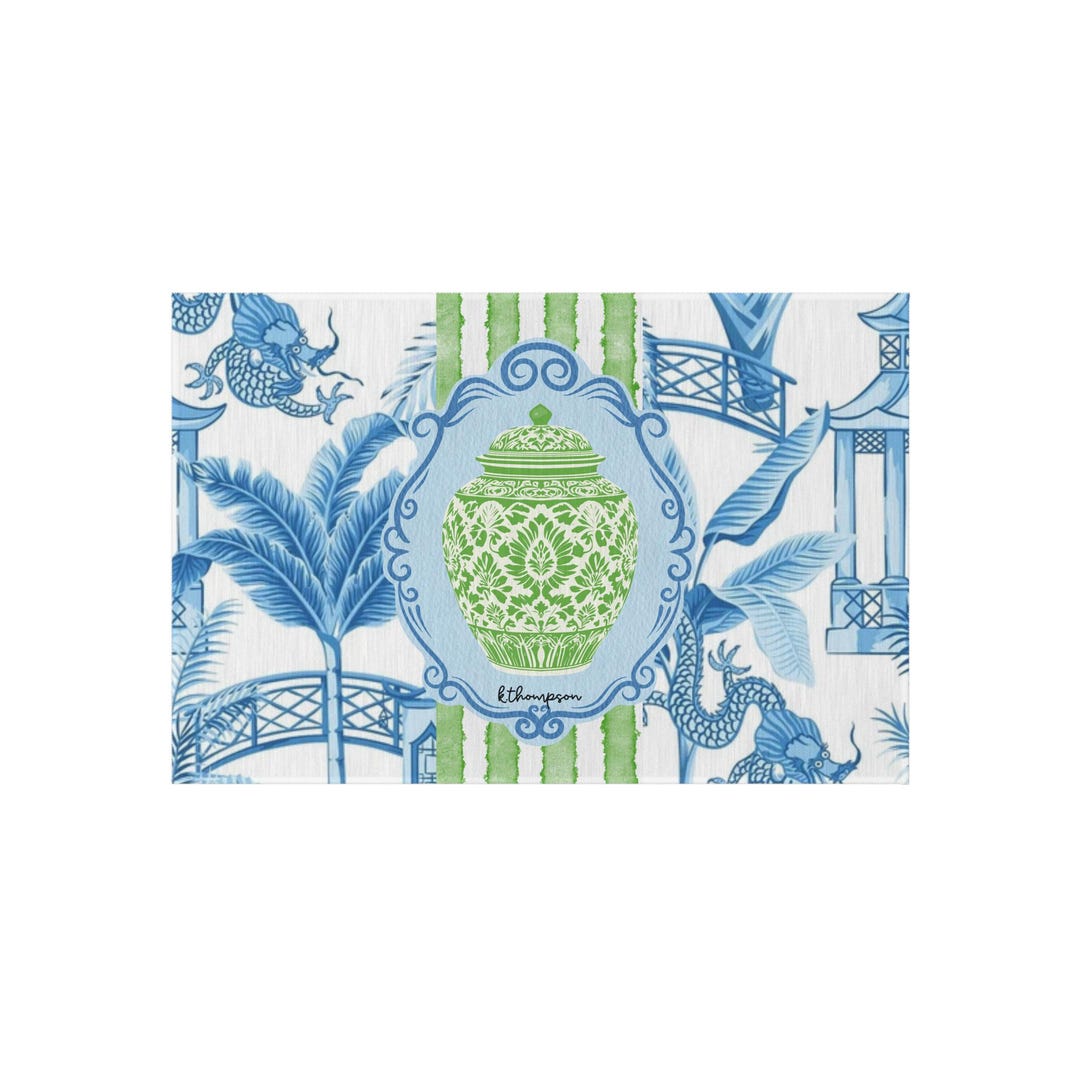 Blue Chinoiserie Ginger Jar Outdoor Rug | Green Accent, Palm & Pagoda ...